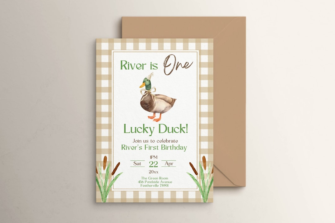 Neutral Gingham Duck Birthday Party Invitation Template, One Lucky Duck ...