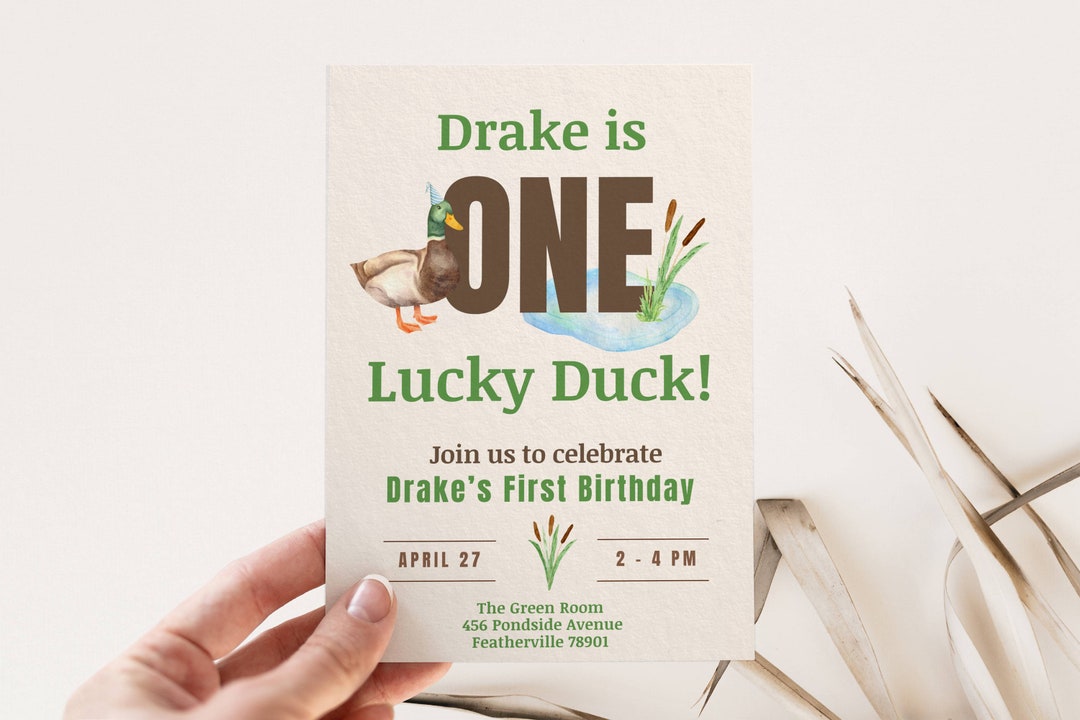 Green Gingham One Lucky Duck Birthday Invitation Template, Mallard Duck ...