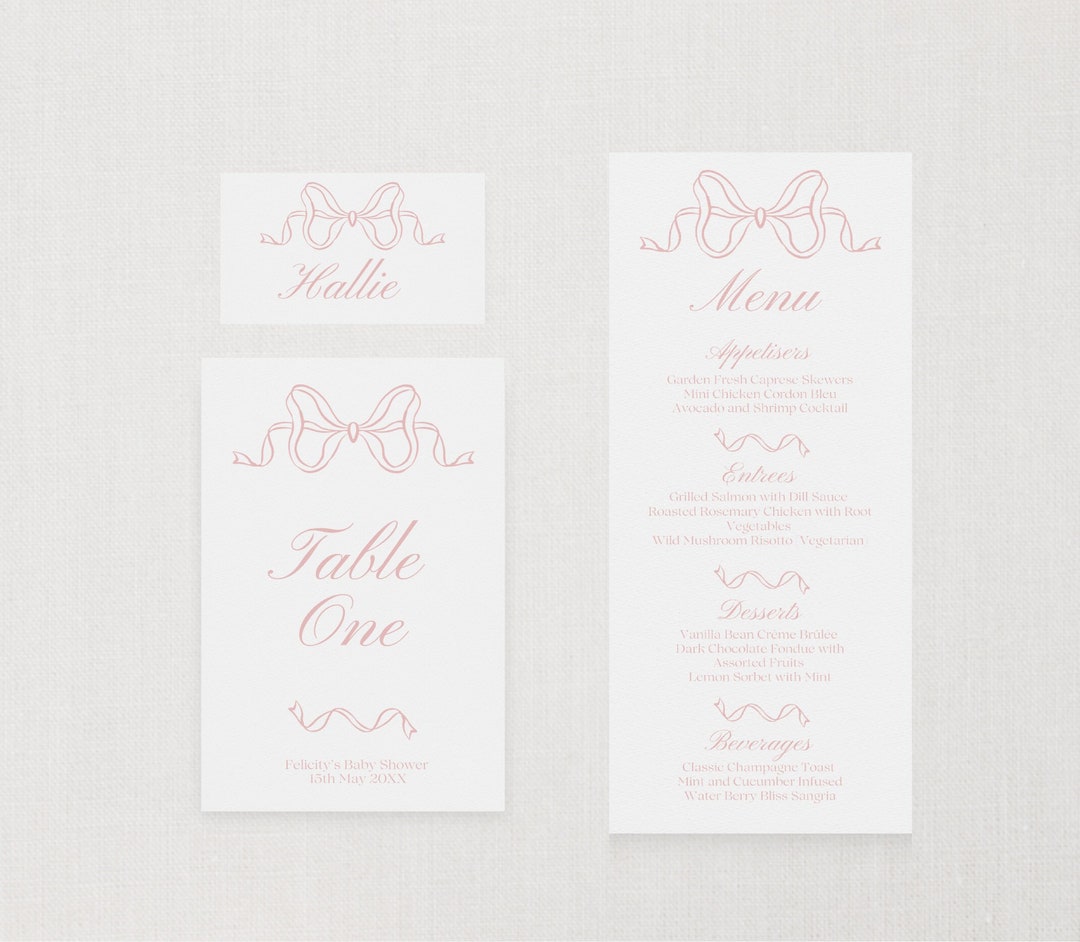 Preppy Pink Bow Dinner Table Setting Bundle, Editable Templates ...