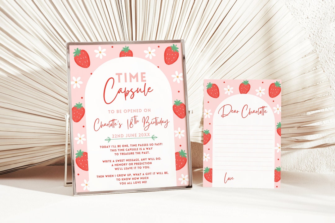 Strawberry Birthday Time Capsule Sign and Cards, Berry First Party ...