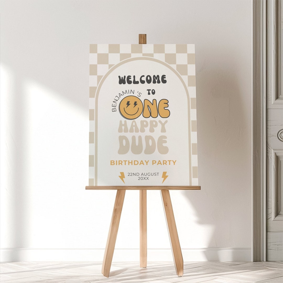 One Happy Dude Birthday Welcome Sign, Editable Template, Boy Beige ...