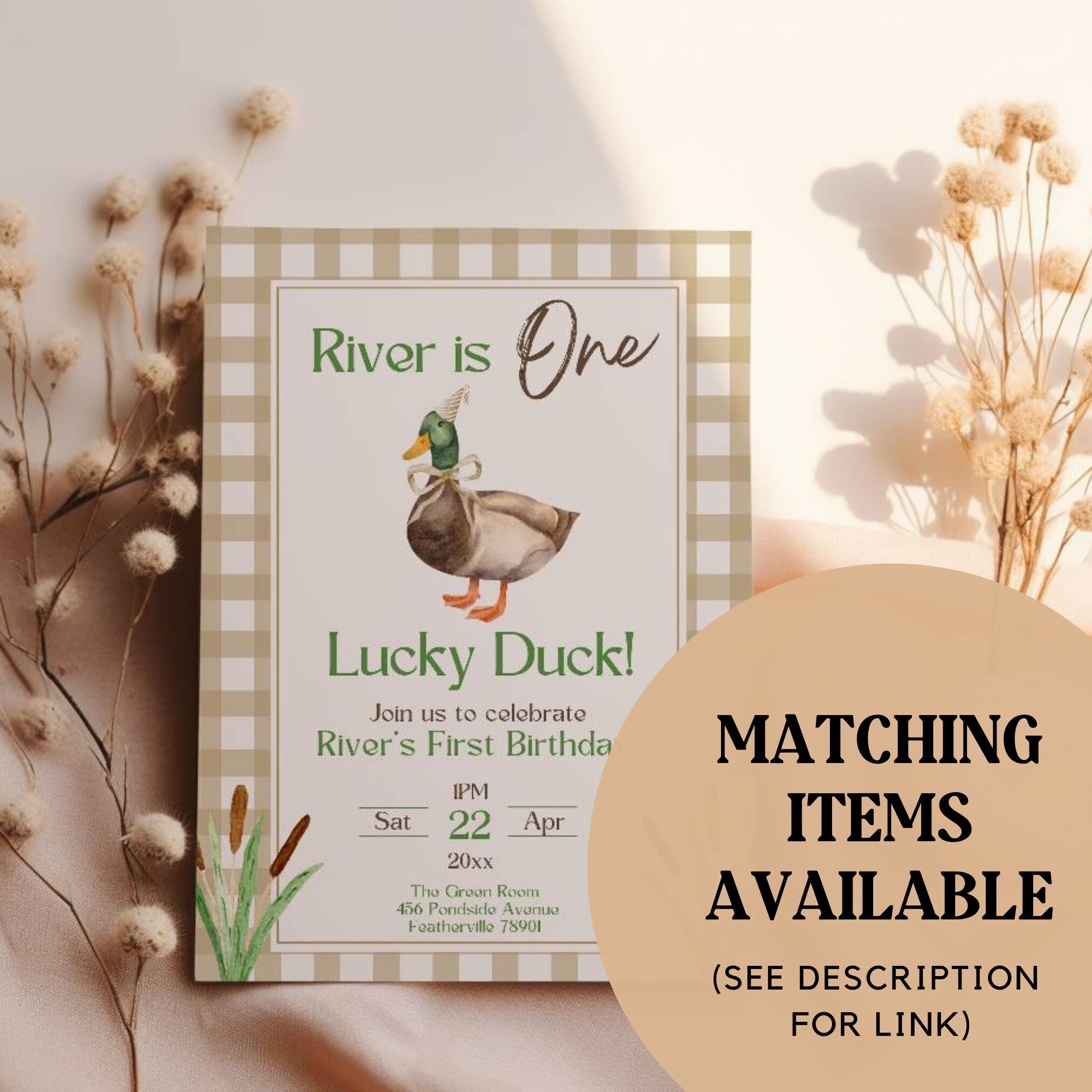 Neutral Gingham One Lucky Duck Birthday Welcome Sign Template, Mallard ...