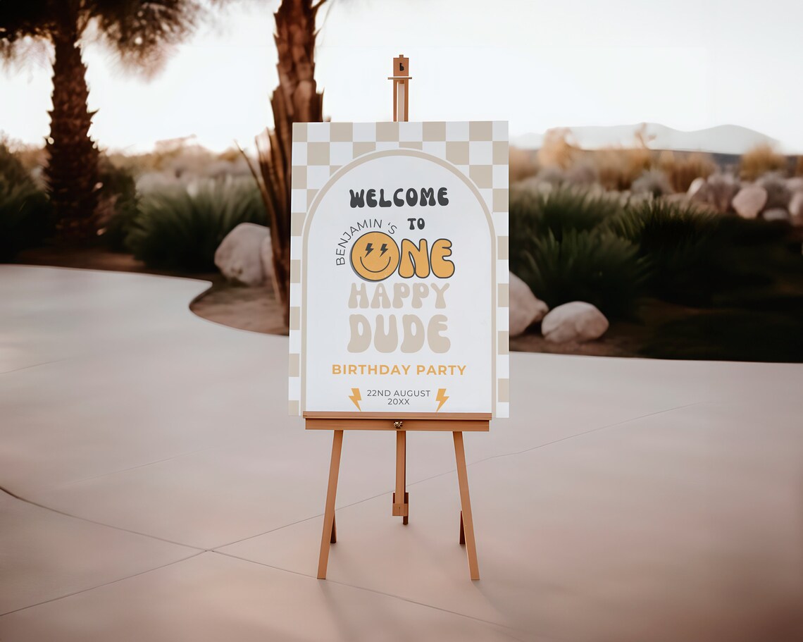 One Happy Dude Birthday Welcome Sign, Editable Template, Boy Beige ...