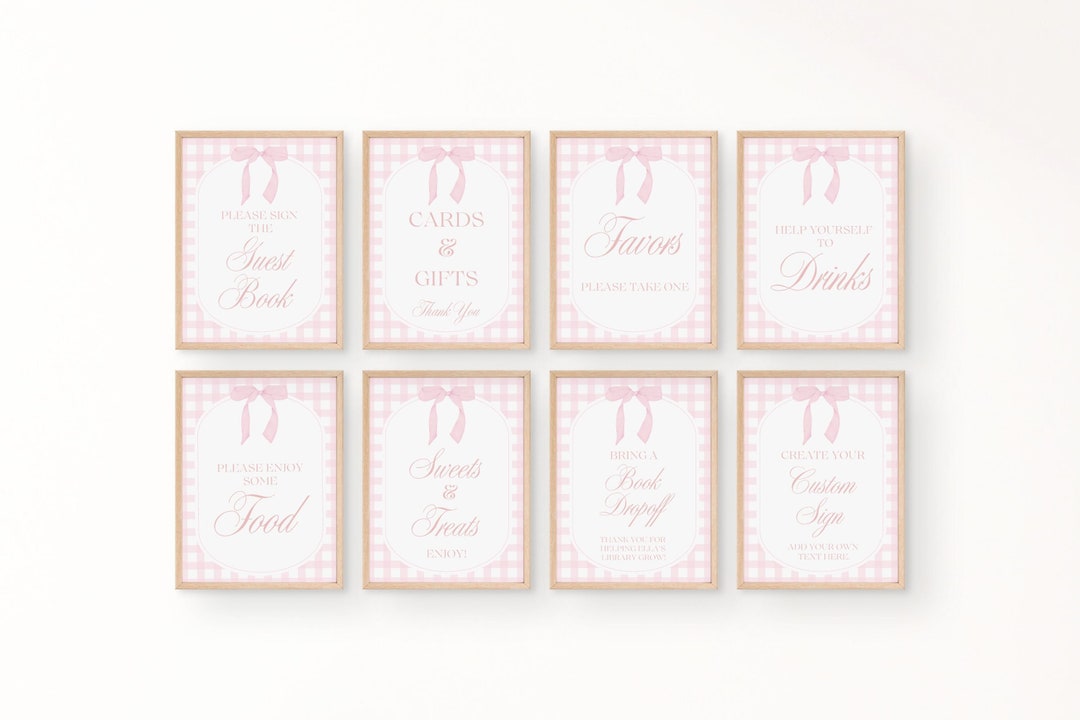Pink Gingham Bow Party Table Signs, Fully Editable Templates, Coquette ...