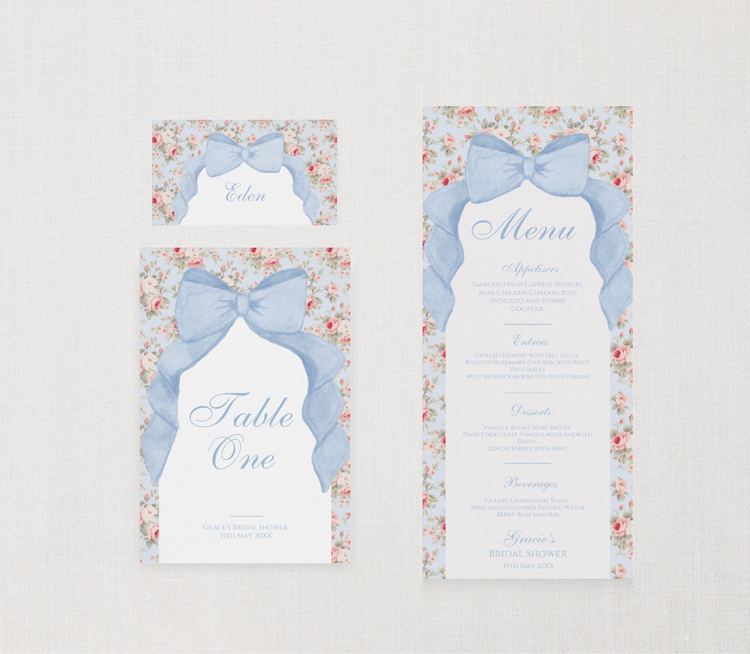 Coquette Blue Bow Dinner Table Setting Bundle, Editable Templates, Love ...