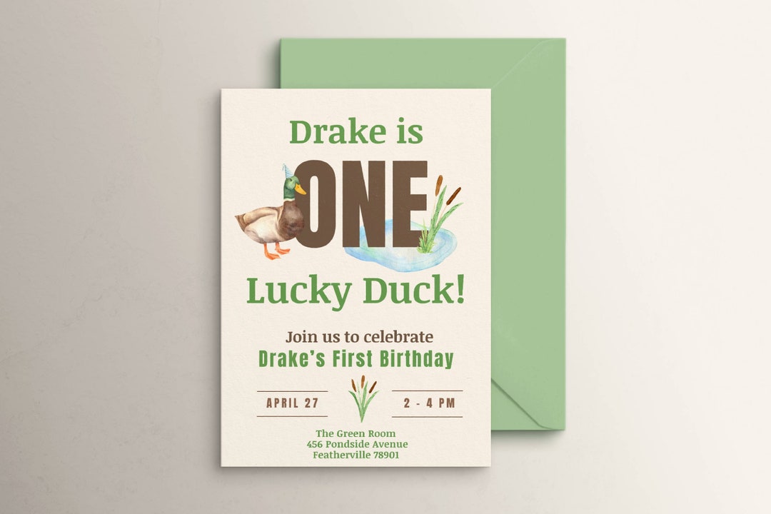 One Lucky Duck First Birthday Invitation Green Gingham 1st - Etsy