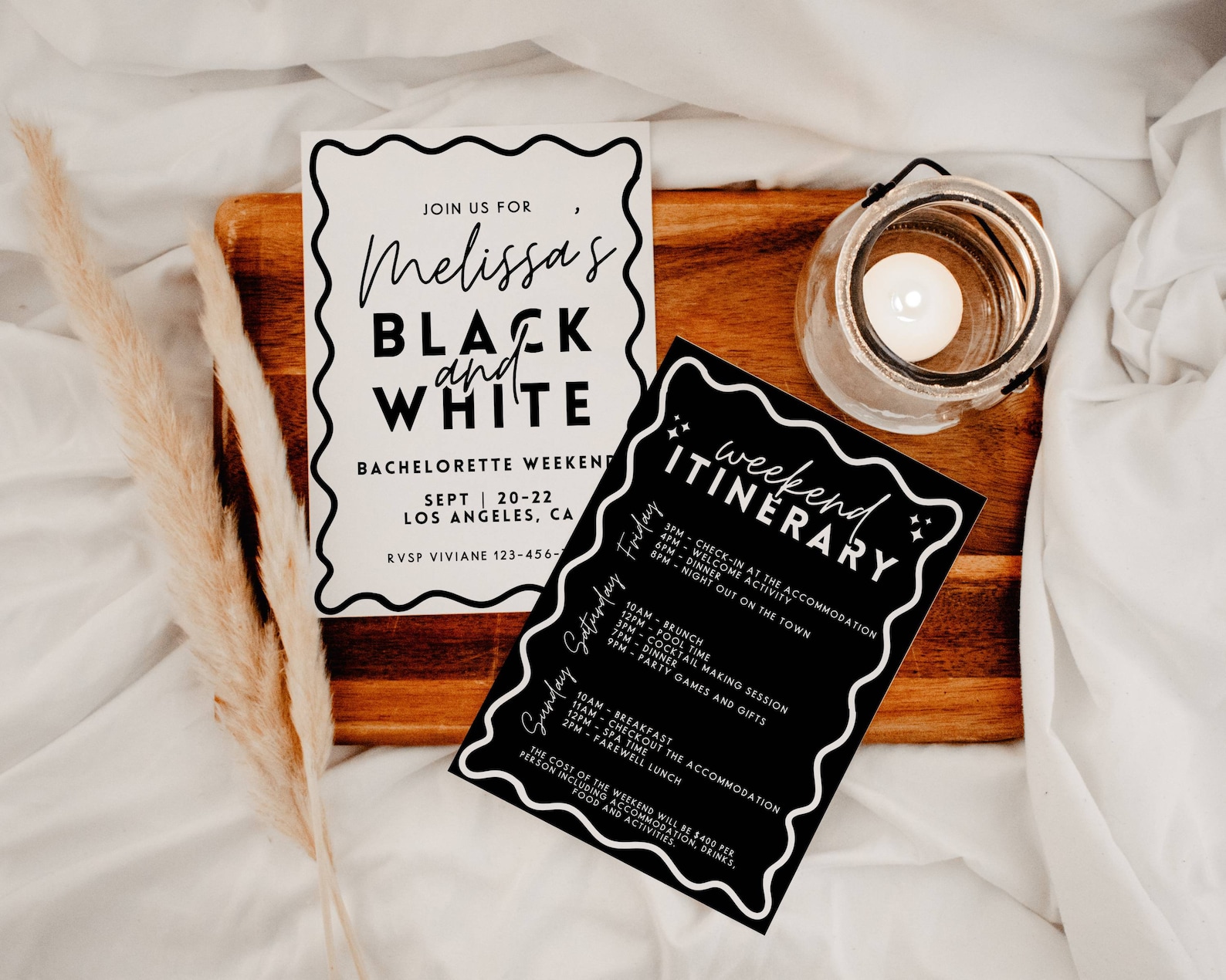 Wavy Border Bachelorette Invitation Itinerary, Black and White Party ...