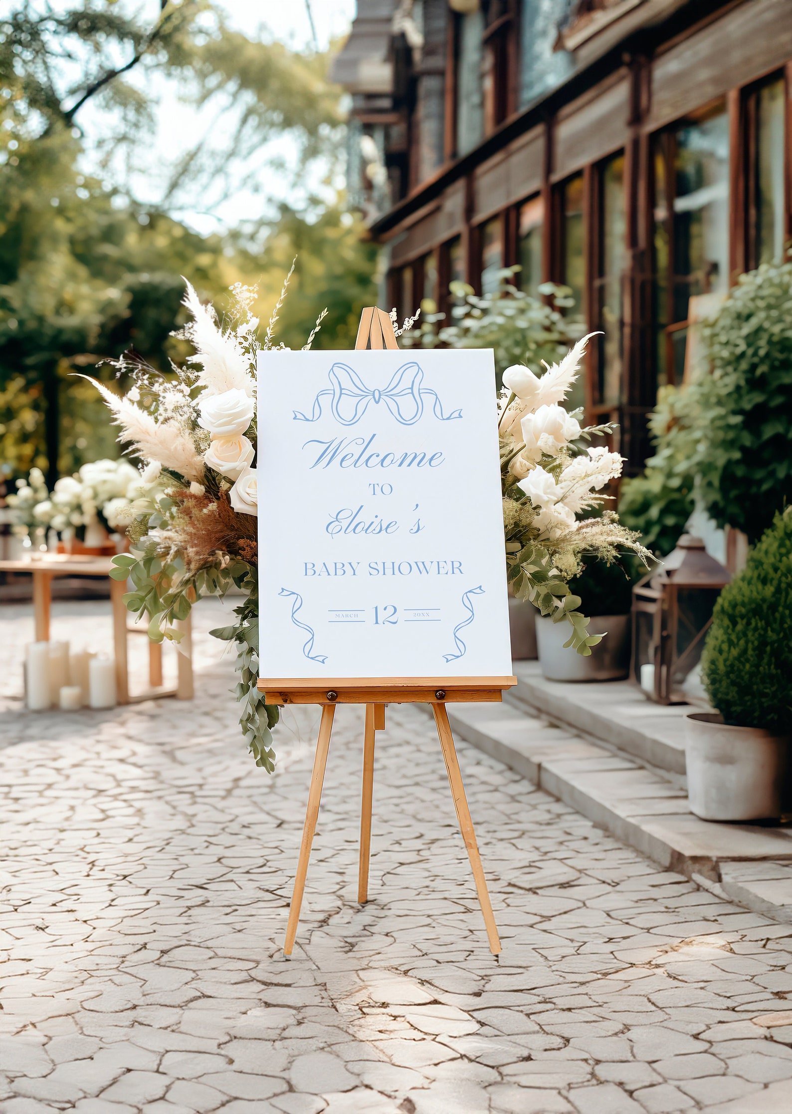 Preppy Blue Baby Shower Welcome Sign Template, Blue Hand Drawn Ribbon ...