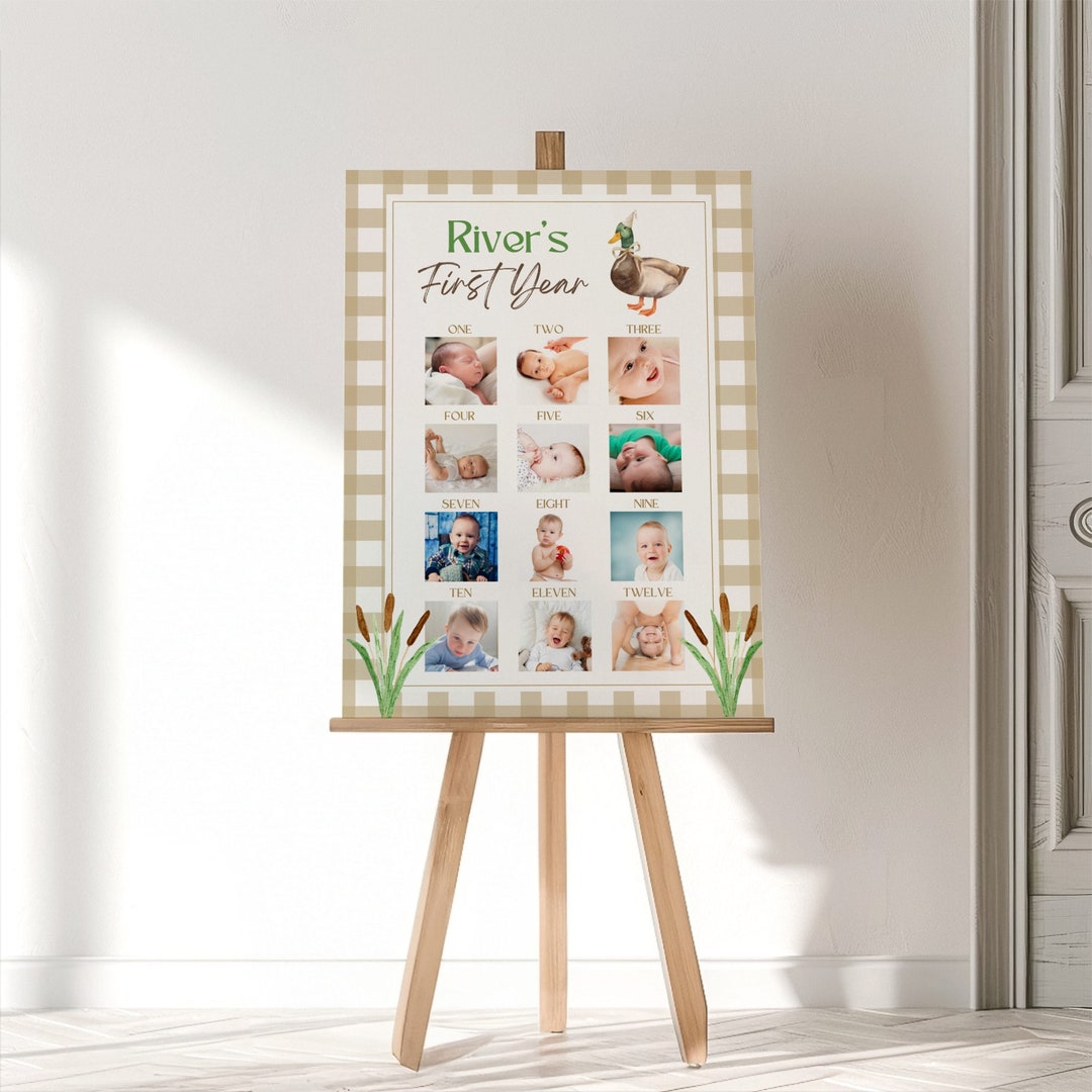 Neutral Gingham Duck Birthday Photo Board Template, Mallard One Lucky ...