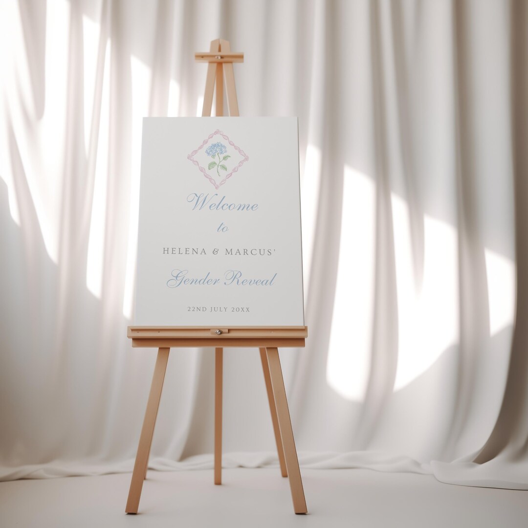 Preppy Hydrangea Gender Reveal Welcome Board, Editable Sign Template ...
