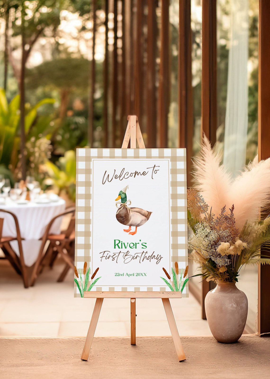 Neutral Gingham One Lucky Duck Birthday Welcome Sign Template, Mallard ...