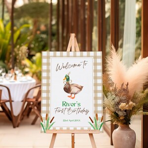 One Lucky Duck Birthday Welcome Sign Template, Neutral Brown Gingham ...