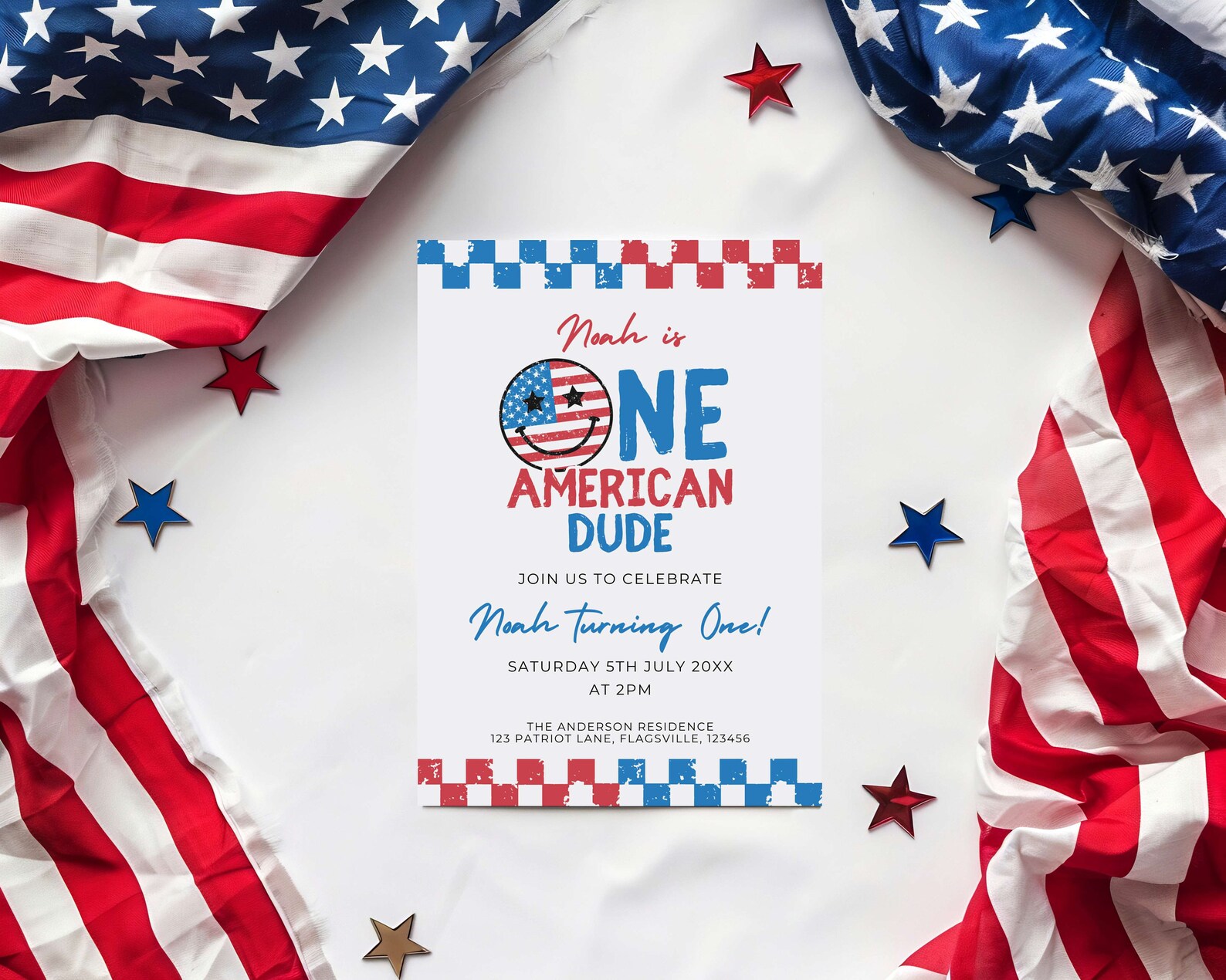 One American Dude First Birthday Invitation Template, 4th July 1st ...