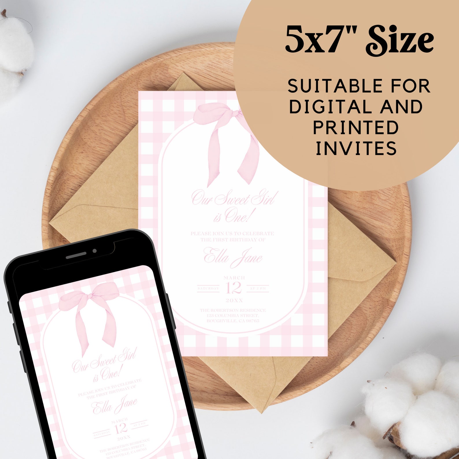 Preppy Girl Bow First Birthday Invite Template, Pink Gingham 1st ...