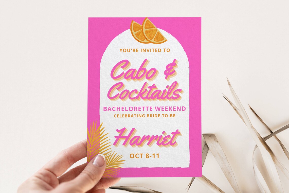 Cabo and Cocktails Bachelorette Invitation Template, Editable Weekend ...