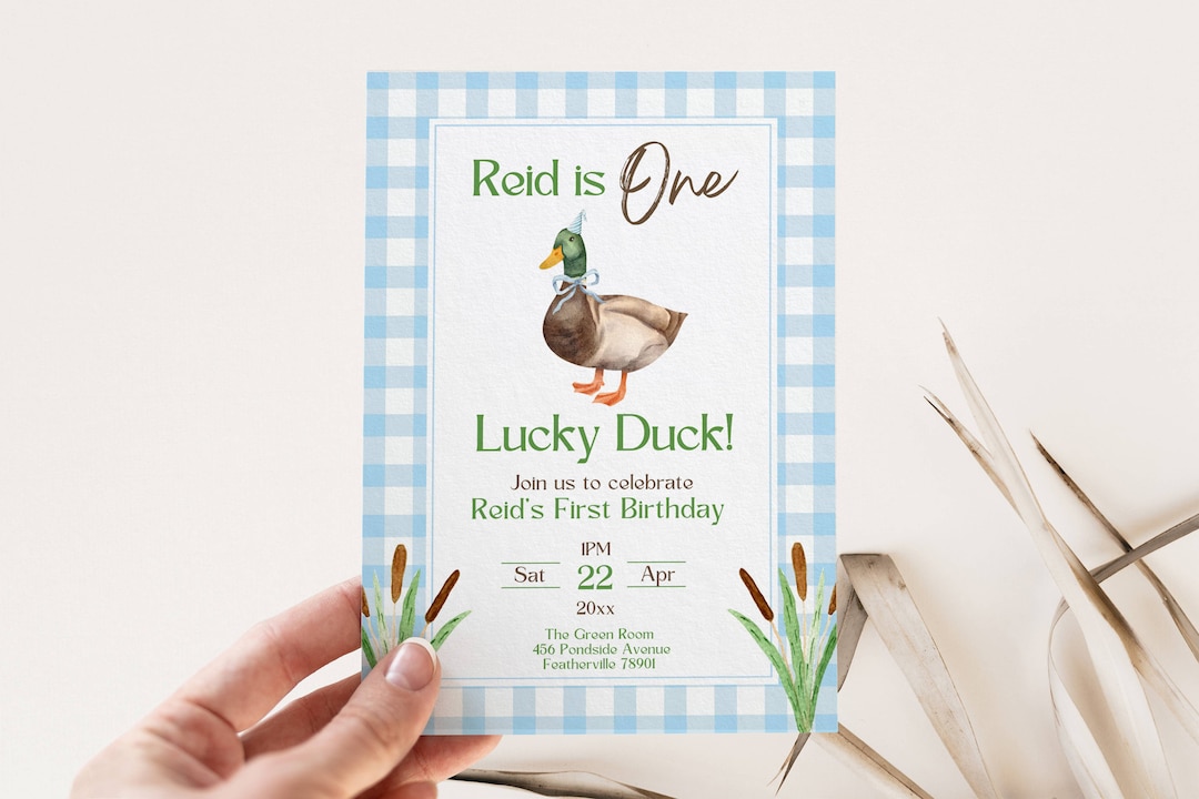 Blue Gingham Duck Birthday Party Invitation Template, One Lucky Duck ...