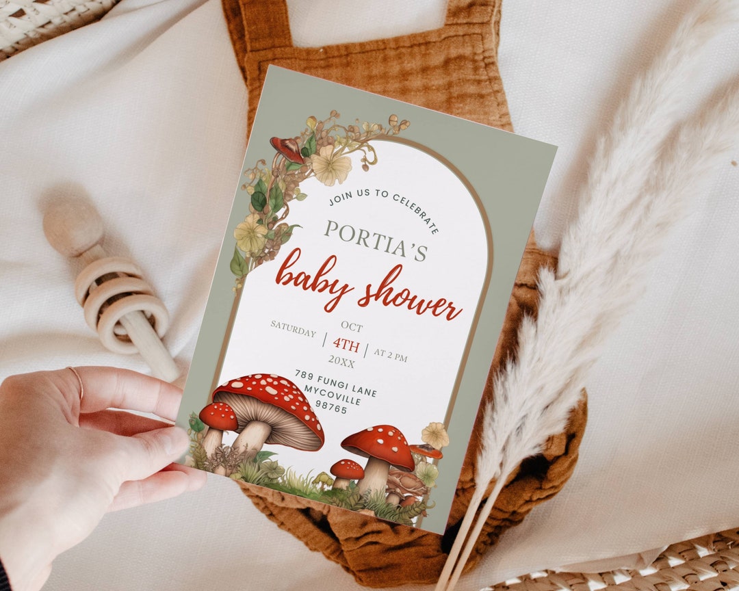 Cottagecore Mushroom Baby Shower Invite Template, Forest Woodland ...