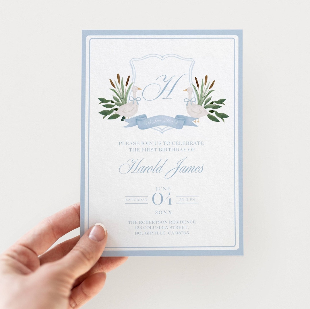 Monogram Goose Crest Birthday Invitation Template, Blue Grandmillenial ...