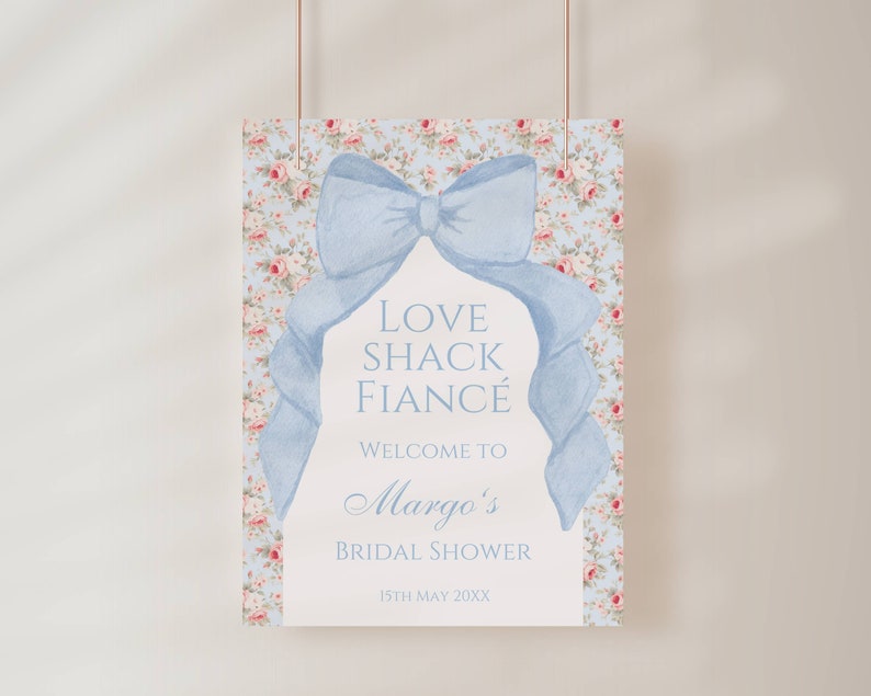 Coquette Blue Bow Bridal Shower Welcome Poster Template, Love Shack ...