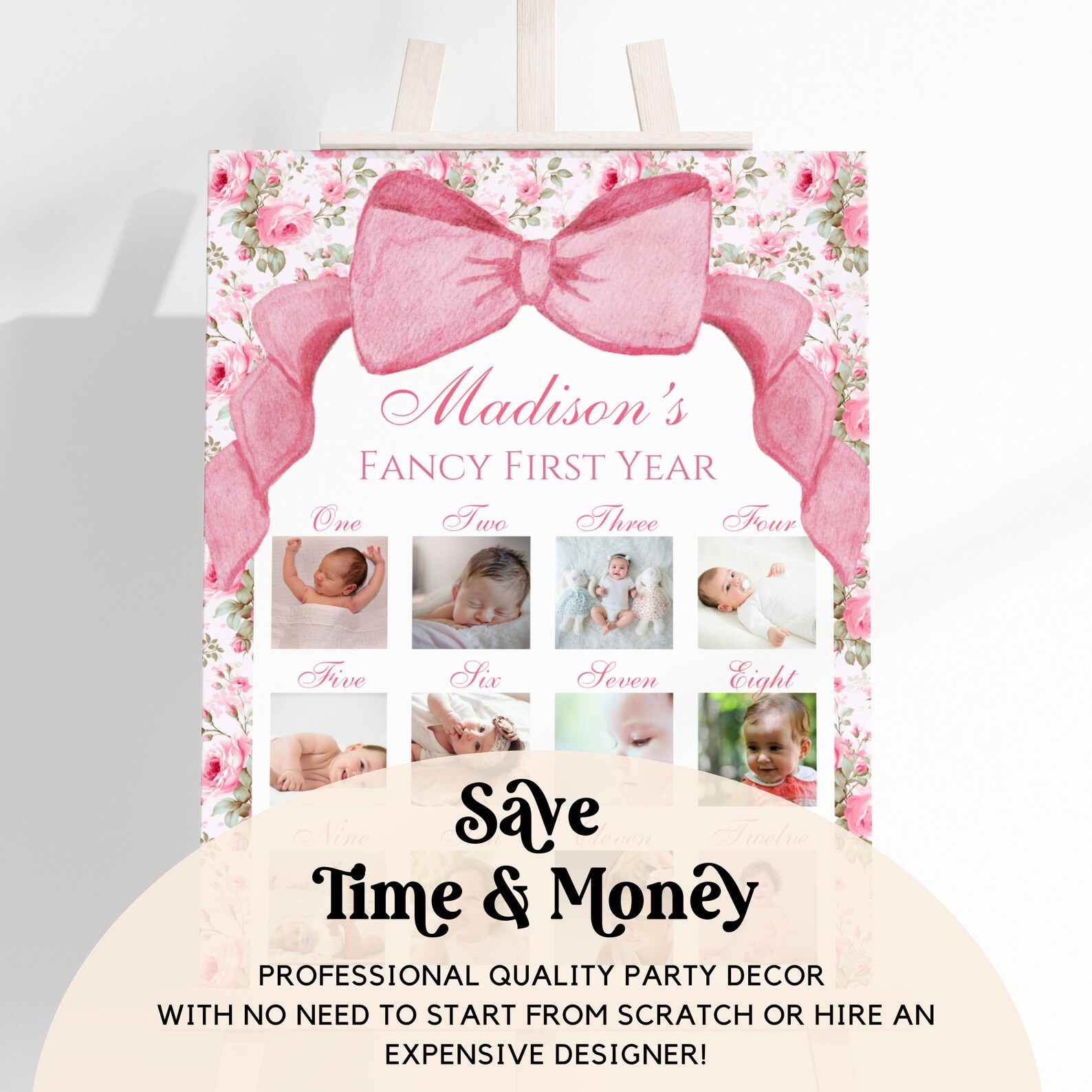 Love Shack Fancy One Birthday Photo Milestone Board Template, Pink Rose ...
