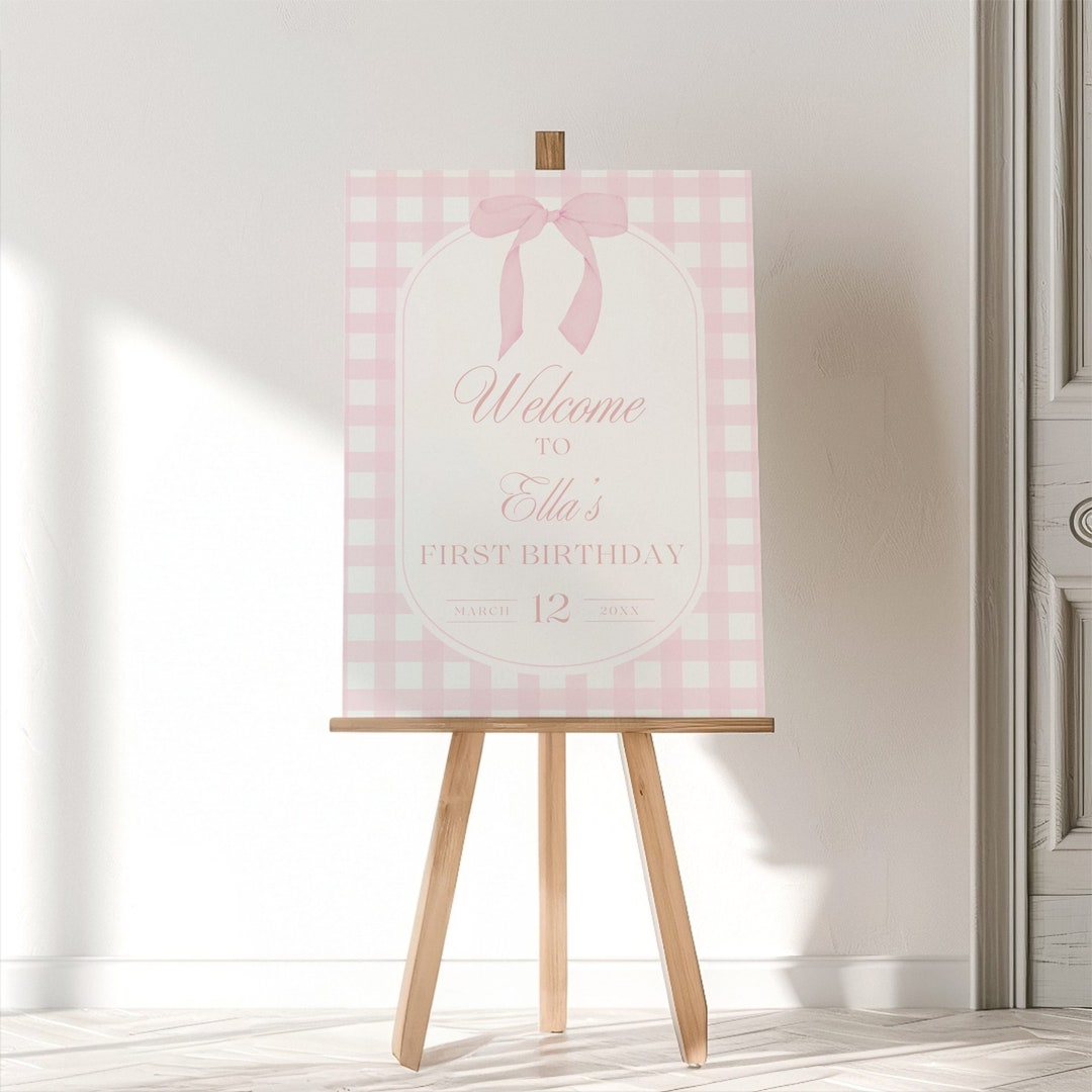 Pink Gingham First Birthday Welcome Sign, Editable Template, Blush ...