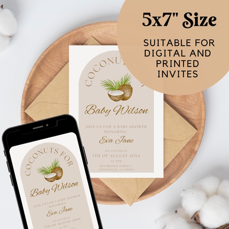 Coconut Baby Shower Invite Template, Coconuts for Baby, Editable ...
