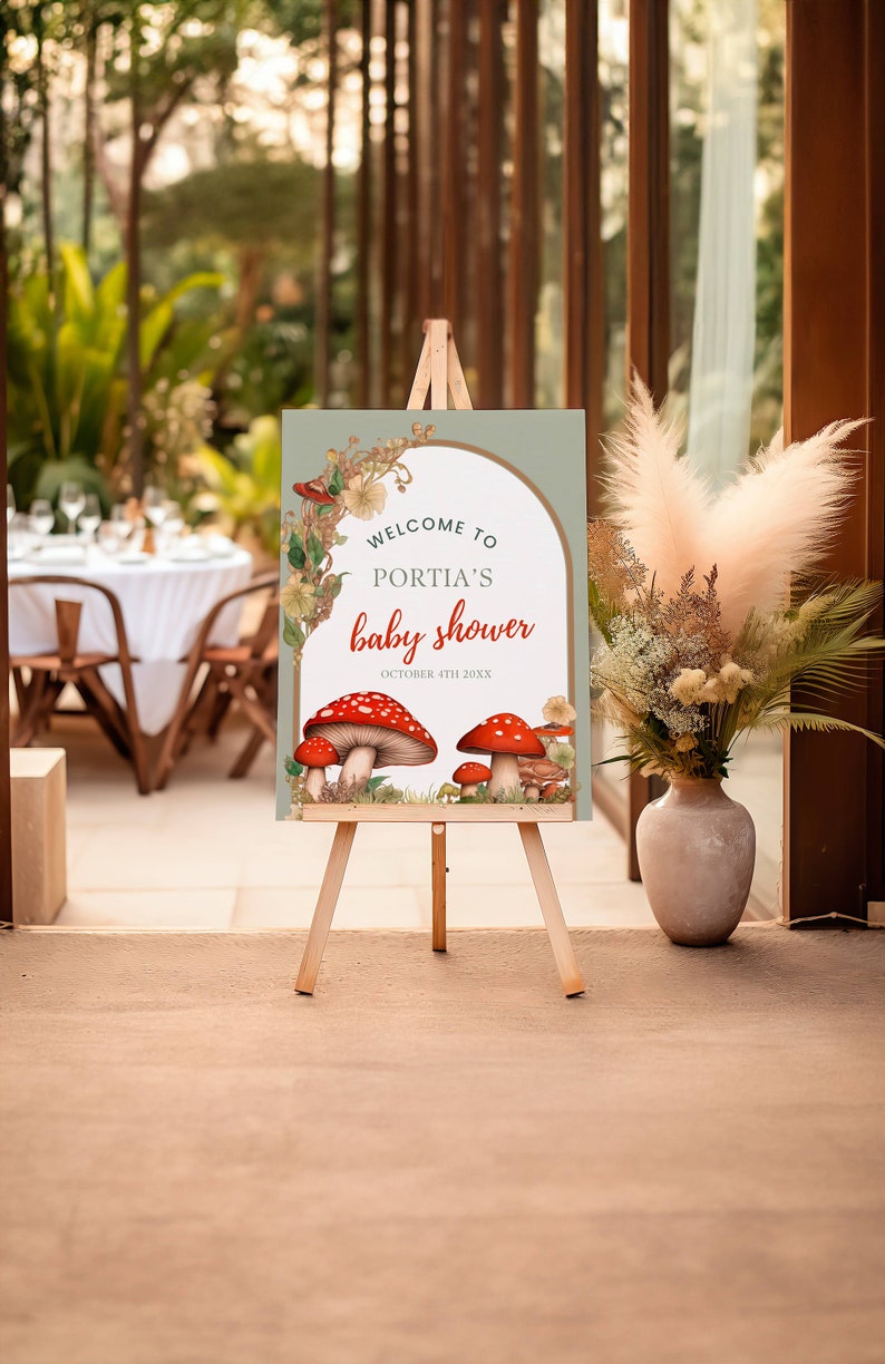 Cottagecore Mushroom Baby Shower Welcome Sign Template, Woodland Theme ...
