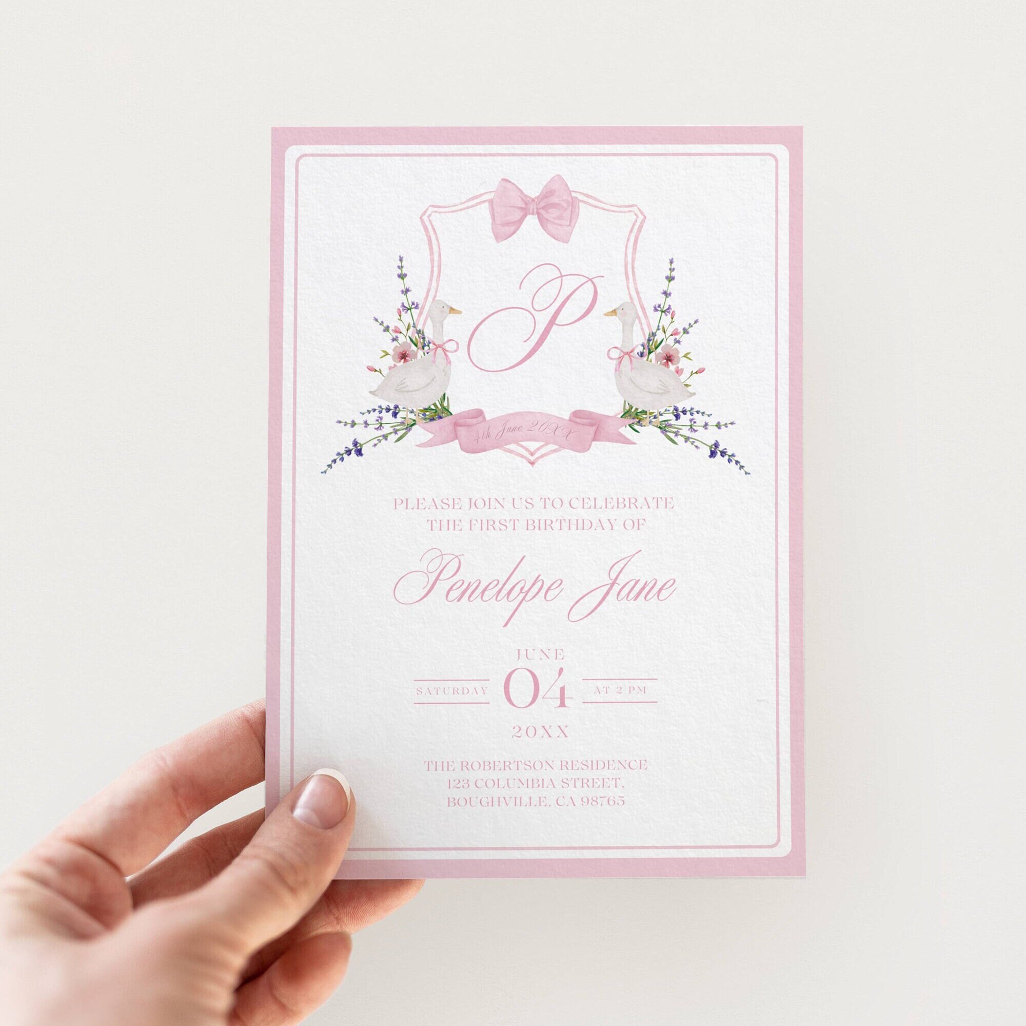Monogram Goose Crest Birthday Invitation Template, Pink Grandmillenial ...
