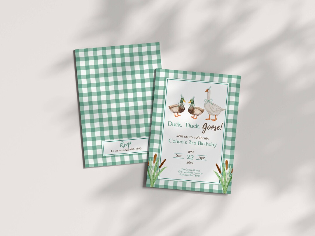 Green Gingham Duck Duck Goose Birthday Party Invitation Template ...