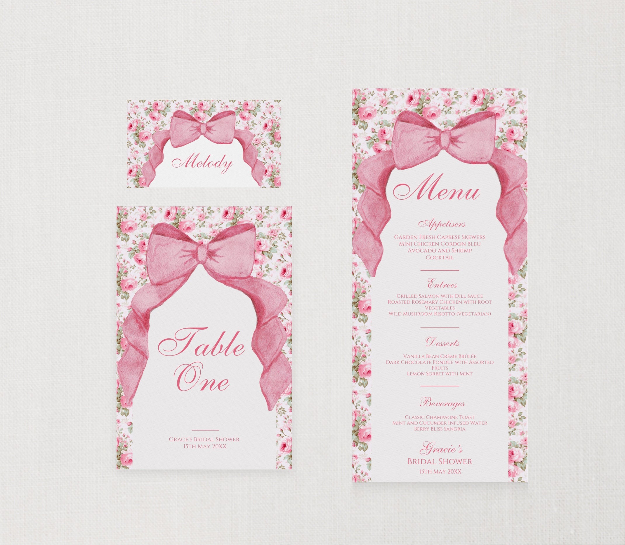 Coquette Pink Bow Dinner Table Setting Bundle, Editable Templates, Love ...