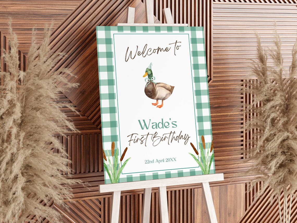 Green Gingham One Lucky Duck Birthday Welcome Sign Template, Mallard ...