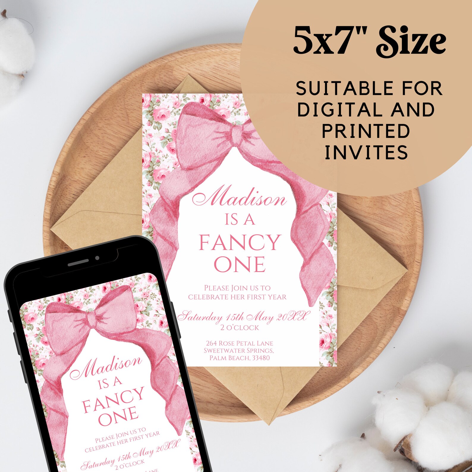 Love Shack Fancy One 1st Birthday Invitation Template, Rose Floral ...