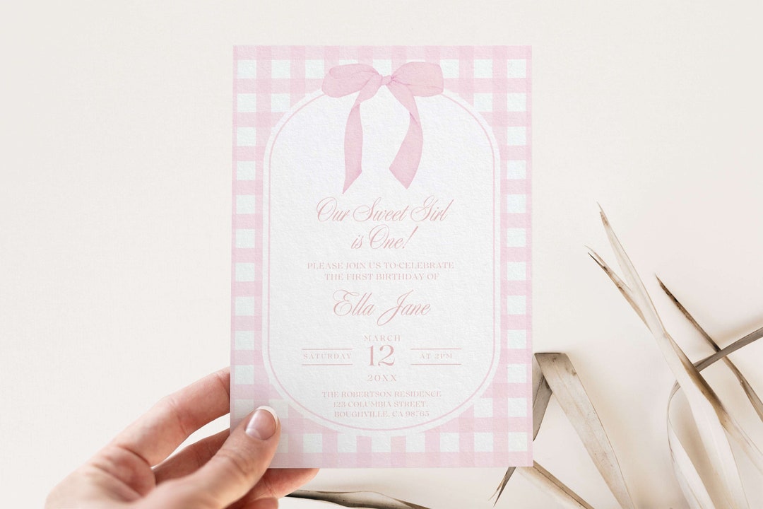 Preppy Girl Bow First Birthday Invite Template, Pink Gingham 1st ...