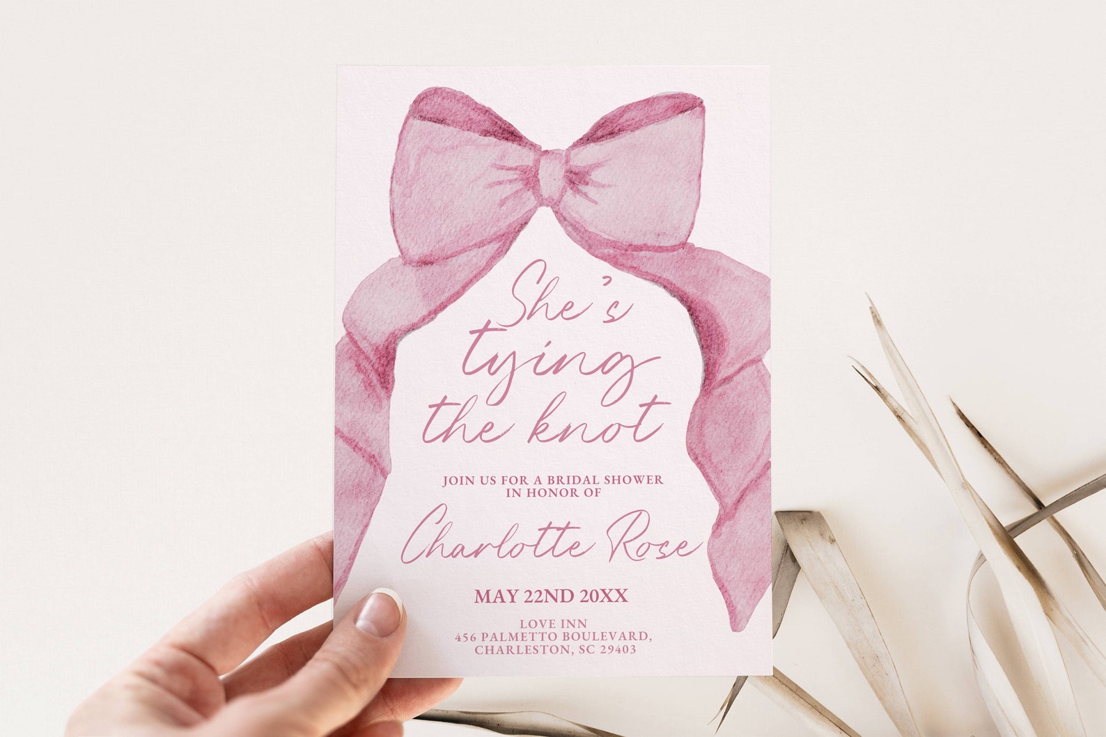 Coquette Pink Bow Bridal Shower Invitation Template, She's Tying the Knot Theme, Editable Invite ...