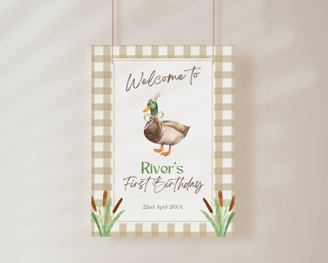 One Lucky Duck Birthday Welcome Sign Template, Neutral Brown Gingham ...
