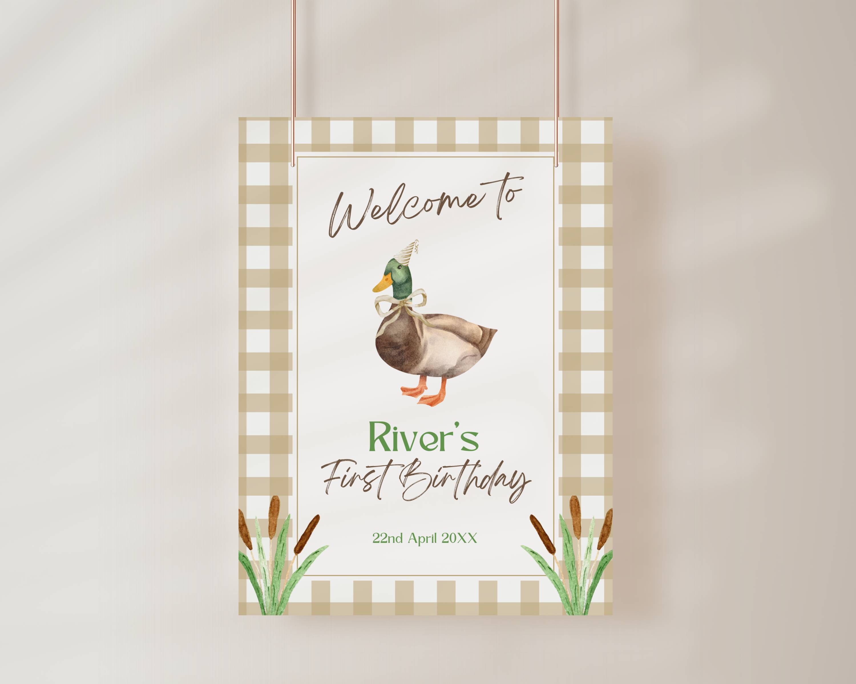 Neutral Gingham One Lucky Duck Birthday Welcome Sign Template, Mallard ...