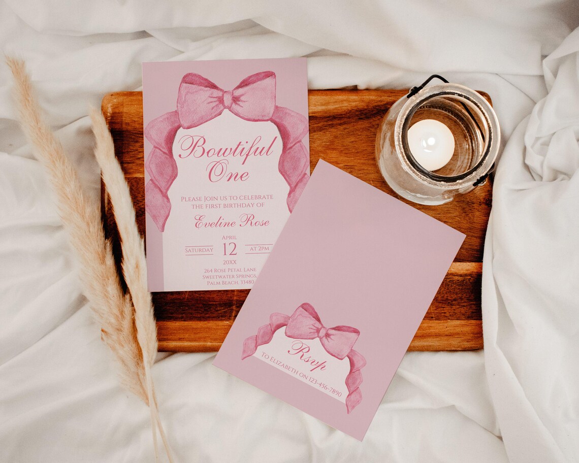 Coquette Pink Bow First Birthday Invitation Template, Bowtiful One ...