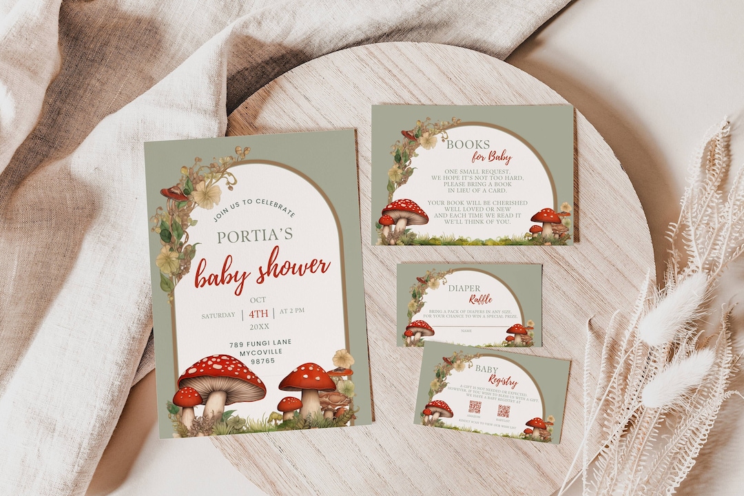 Cottagecore Mushroom Baby Shower Invitation Bundle, Editable Invite and ...