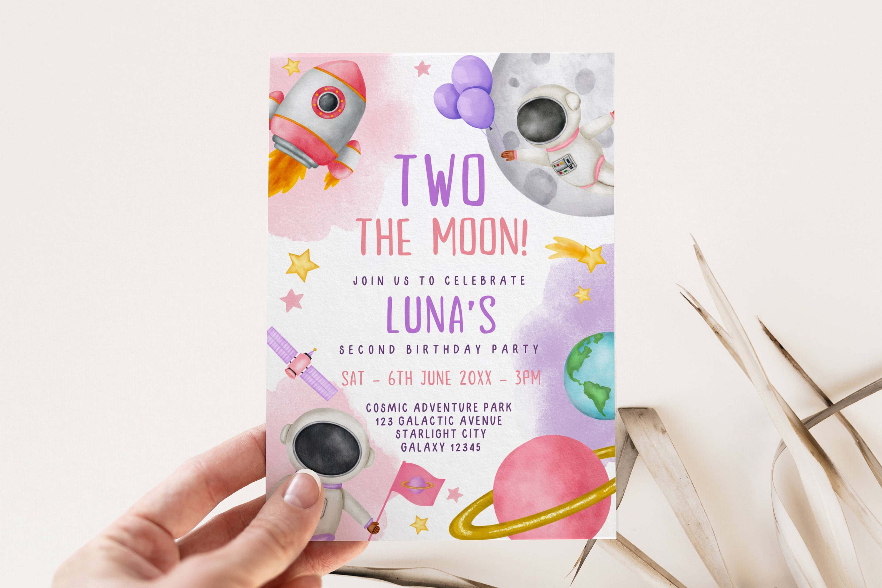 Two the Moon Girl Birthday Party Invitation Template, Editable 2nd ...
