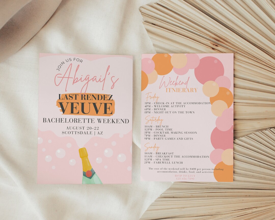 Last Rendez Veuve Bachelorette Invitation and Itinerary Template, Veuve ...