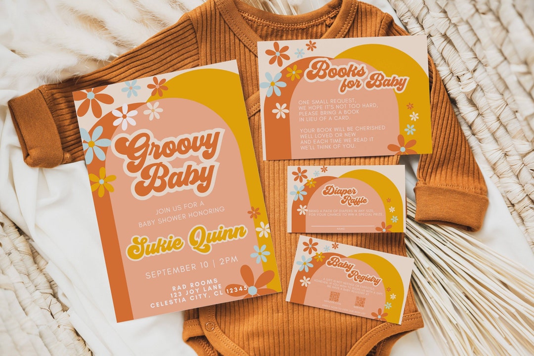Retro 70s Baby Shower Bundle, Editable Invitation Template, Groovy ...