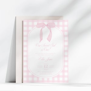 Preppy Girl Bow First Birthday Invite Template, Pink Gingham 1st ...