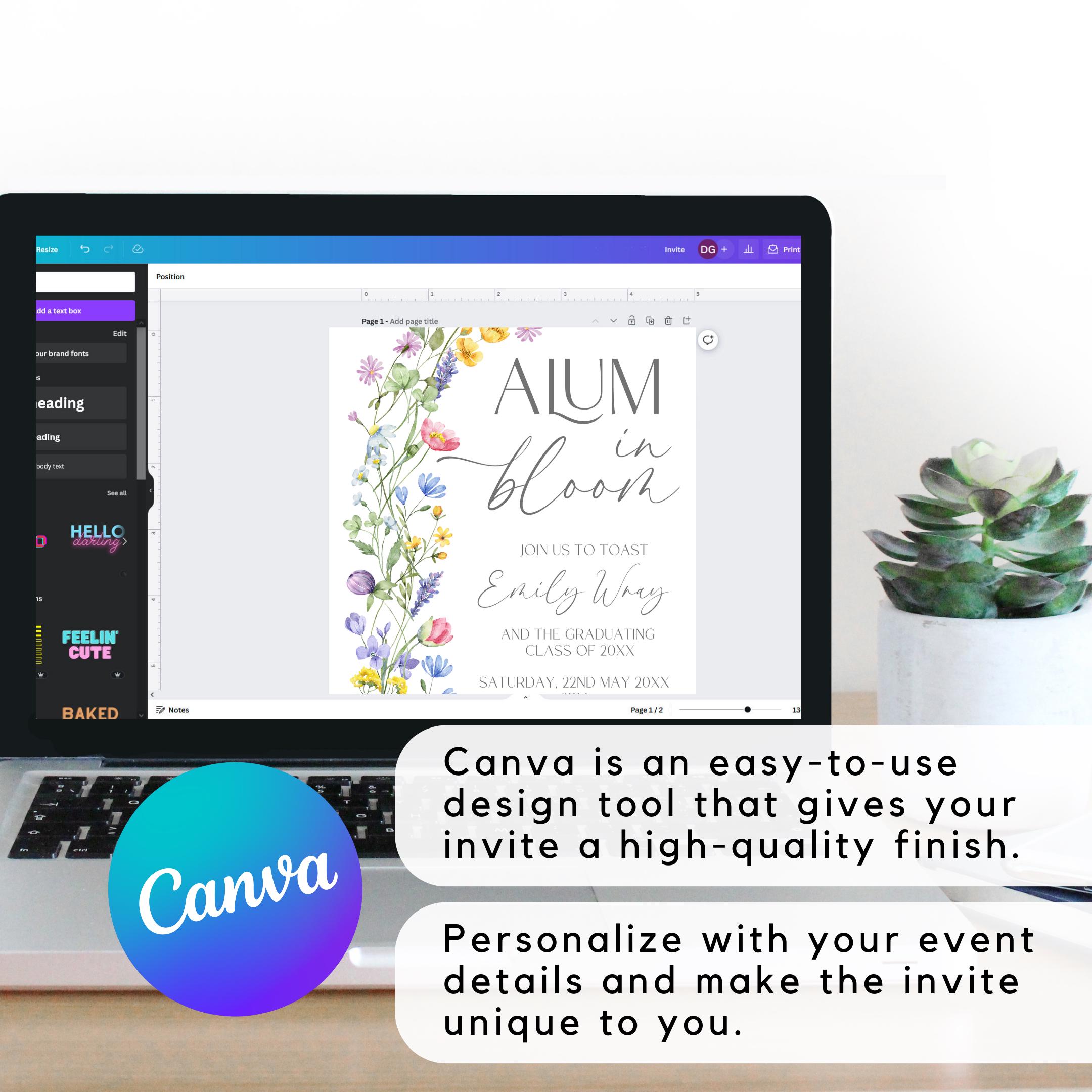 Wildflower Graduation Party Invitation, Editable Template, Alum in ...