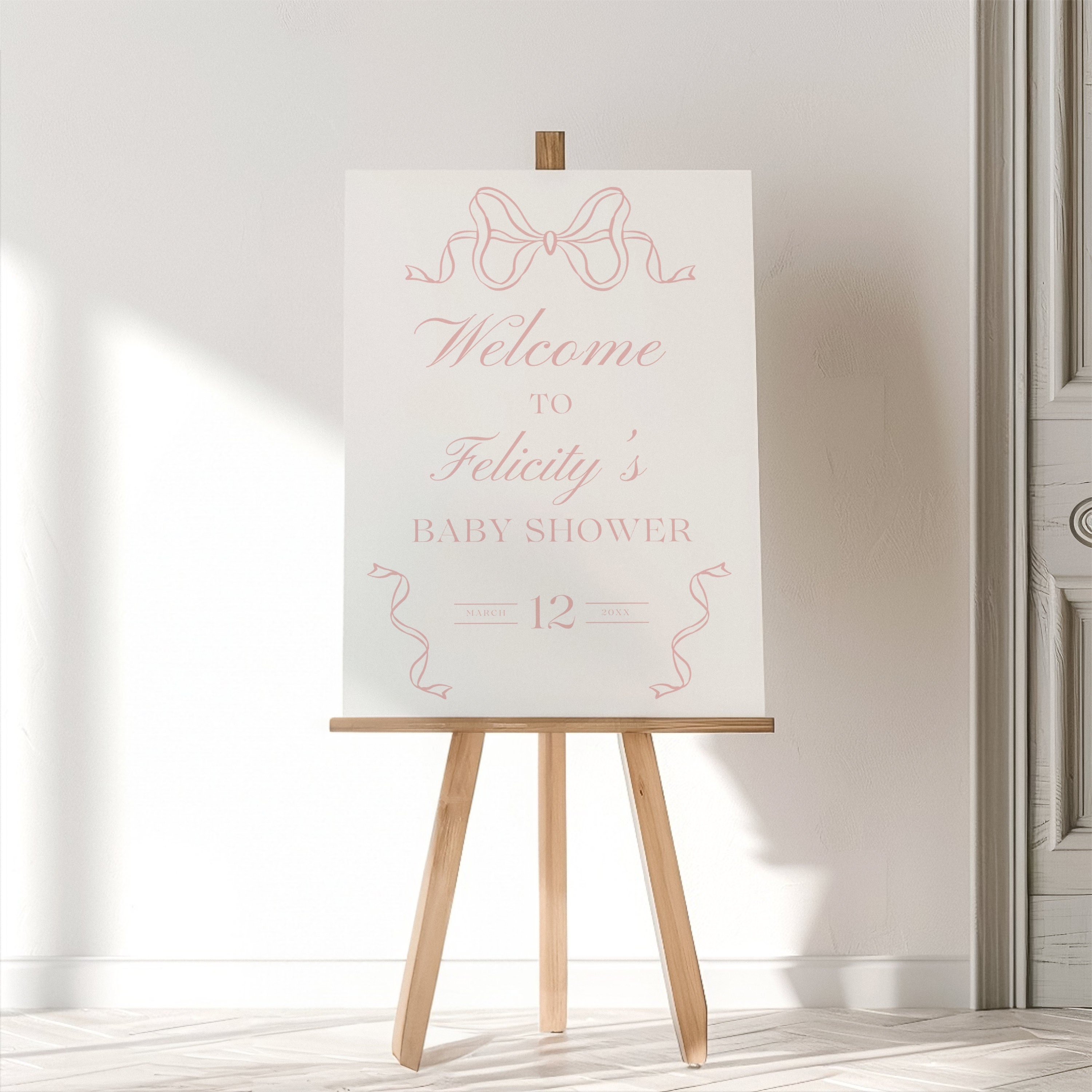 Preppy Pink Baby Shower Welcome Sign Template, Blush Hand Drawn Ribbon ...