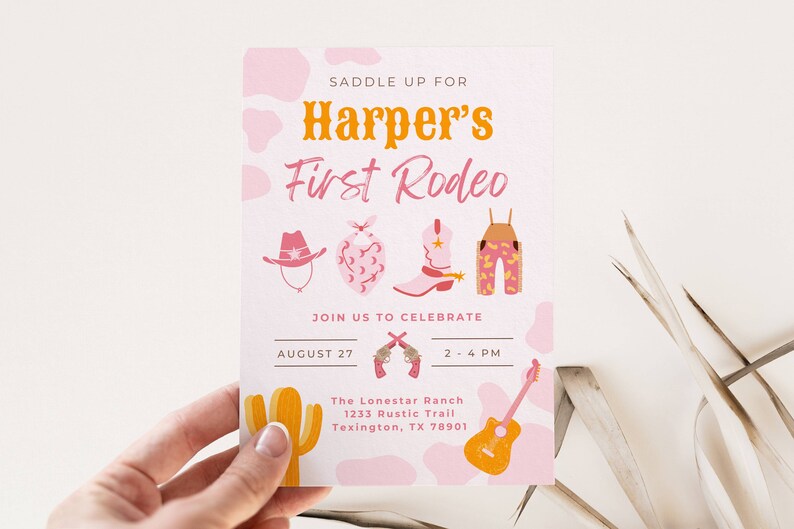 Invitación de cumpleaños del primer rodeo rosa invitación a - Etsy España