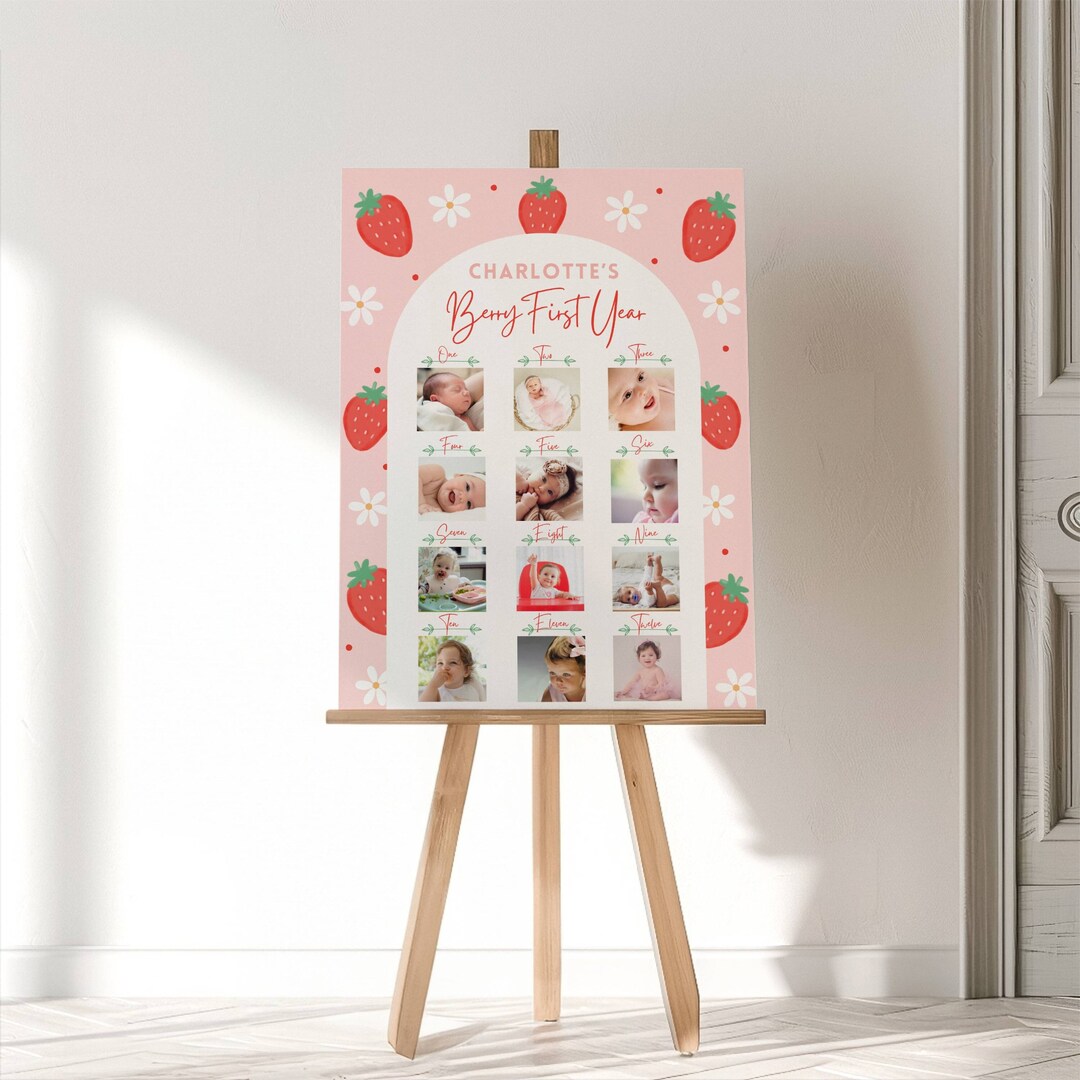 Strawberry Birthday Photo Milestone Board Template, Berry First Party ...