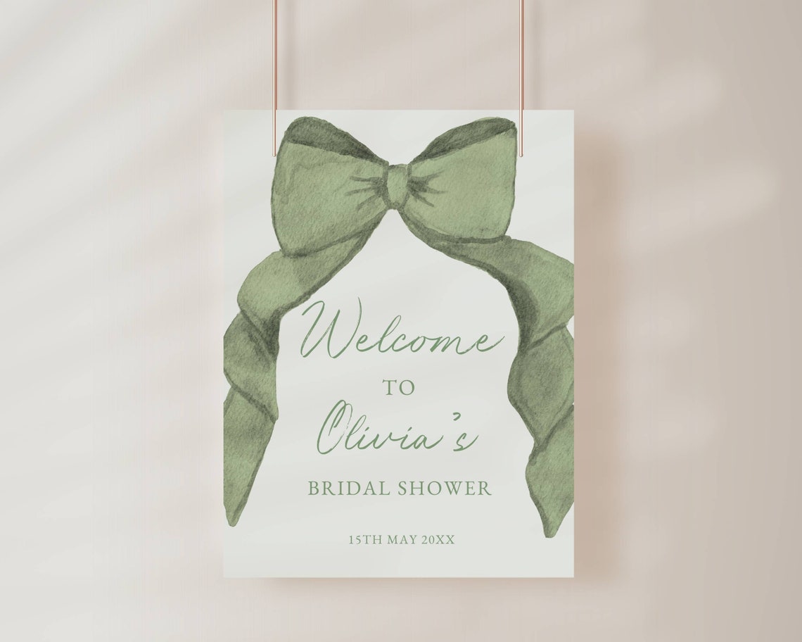 Coquette Green Bow Bridal Shower Welcome Poster Template, She's Tying ...