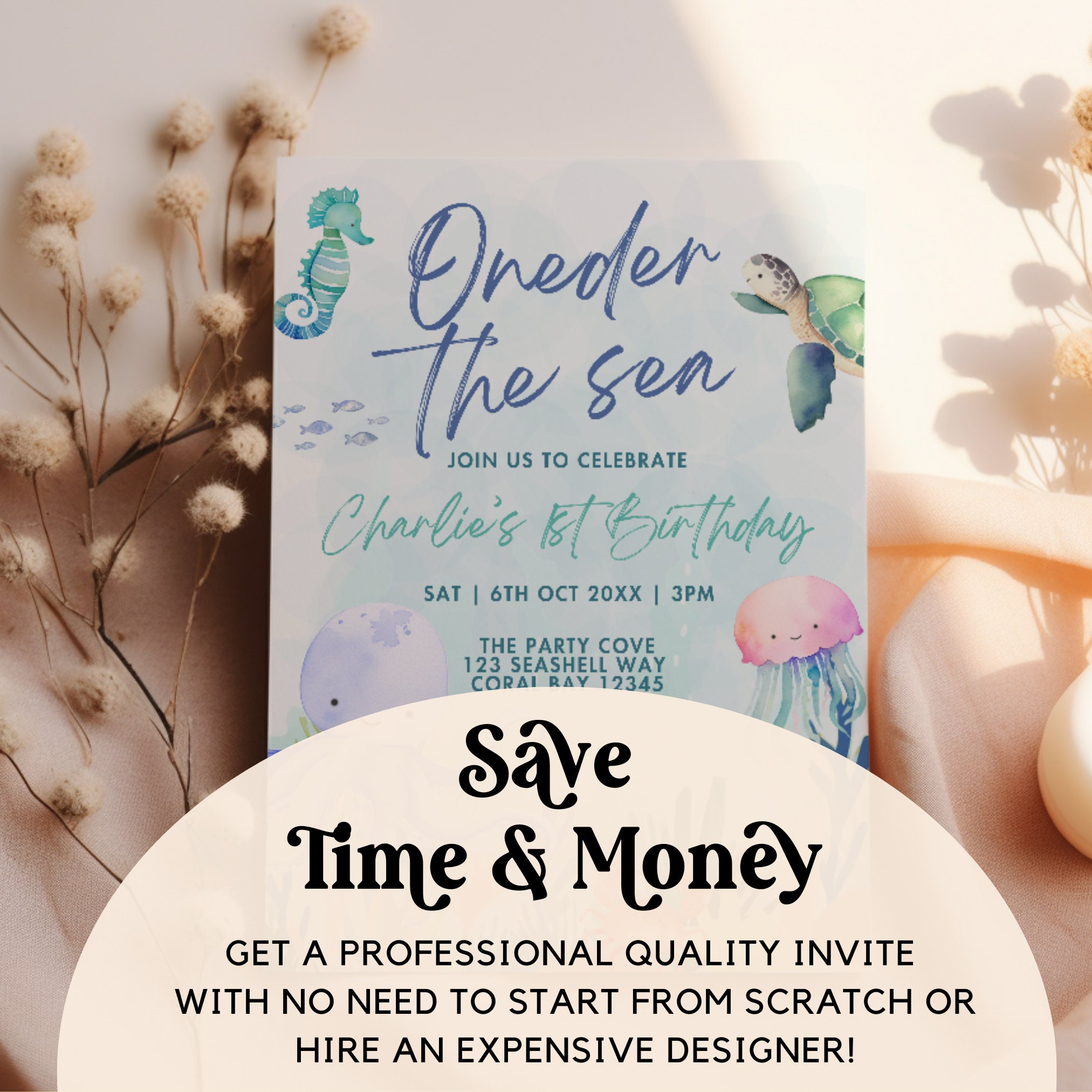 Oneder the Sea Birthday Invitation Template, 1st Birthday Party Invite ...