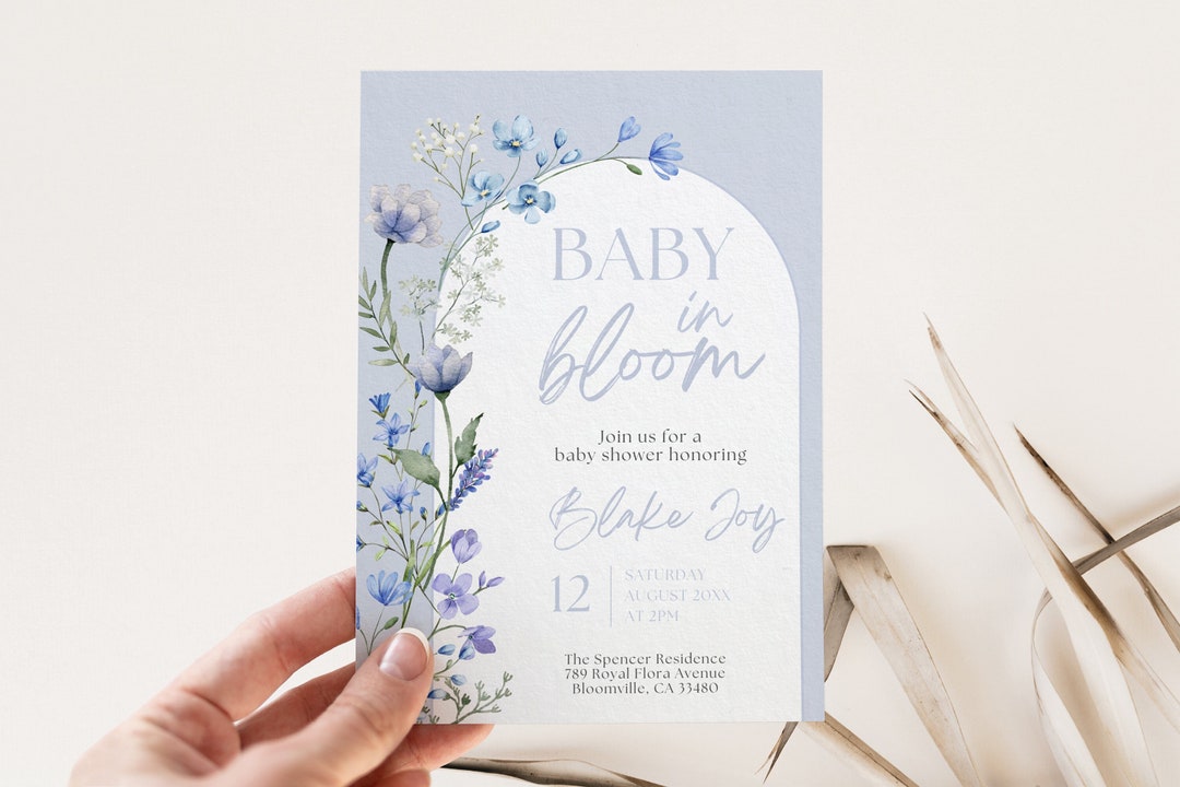 Dusty Blue Baby in Bloom Baby Shower Invitation, Editable Template, Boy ...