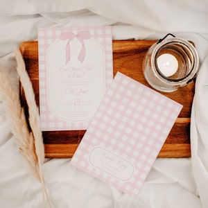 Preppy Girl Bow First Birthday Invite Template, Pink Gingham 1st ...